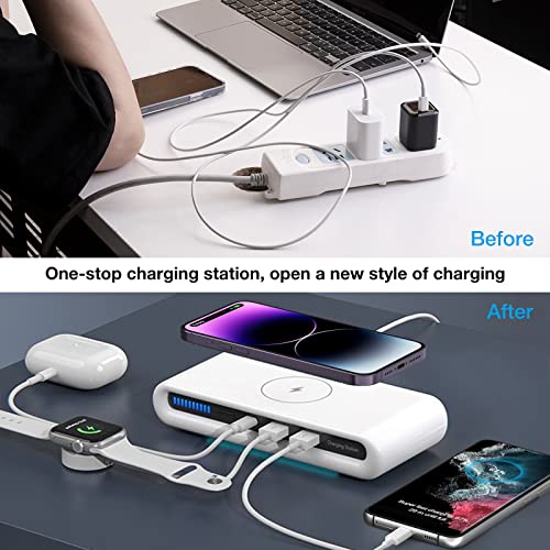 USB C Fast Charger, 4 in 1 30W Charging Station for Multiple Devices, Wireless Charger for Samsung Galaxy Phone, Watch/iPhone 14/13/12/11 Series, 3 Ports USB Hub with 7 Color Ambient Light