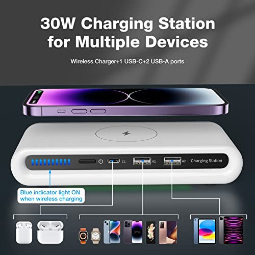 USB C Fast Charger, 4 in 1 30W Charging Station for Multiple Devices, Wireless Charger for Samsung Galaxy Phone, Watch/iPhone 14/13/12/11 Series, 3 Ports USB Hub with 7 Color Ambient Light