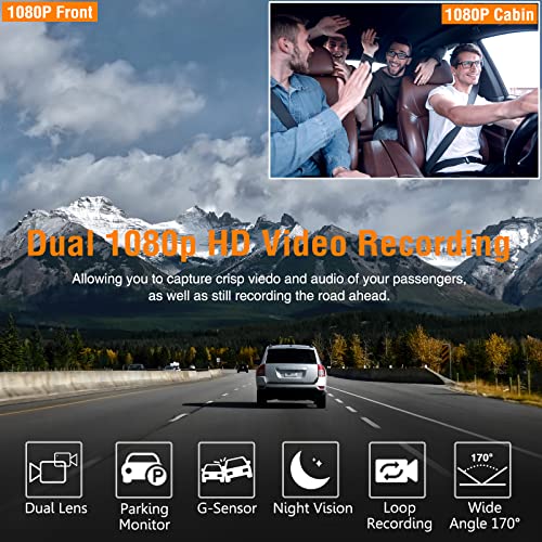 Dual Dash Cam Front and Inside FHD 1080P Dash Camera for Cars, Dashcams for Cars with Infrared Night Vision, 170° Wide Angle Car Camera Driving Recorder for Taxi, Accident Record, Loop Recording