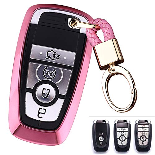 Royalfox(TM) 3 4 5 Buttons TPU Smart keyless Entry Remote Key Fob case Cover Keychain for 2017 2018 2019 2020 Ford Mustang Explorer Edge Fusion Mondeo F150 F250 F350 F450 F550 (Pink)