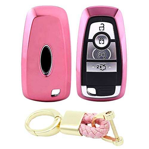 Royalfox(TM) 3 4 5 Buttons TPU Smart keyless Entry Remote Key Fob case Cover Keychain for 2017 2018 2019 2020 Ford Mustang Explorer Edge Fusion Mondeo F150 F250 F350 F450 F550 (Pink)