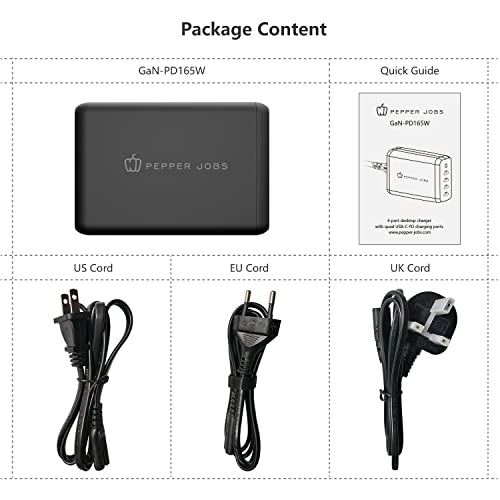 PEPPER JOBS 165W USB-C 4-Port PD GaN Charger USB-C PD Desktop Charger for MacBook Air Charger for MacBook Pro 13/14/15/16 Inch for iPad Pro for iPhone 13 Pro Max/13 Pro/13/13 Mini and All USB C Device