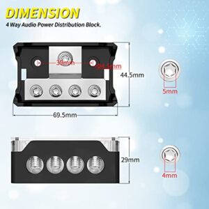 Joinfworld 4 Way Power Distribution Block Car Audio 0/2/4 Gauge Input 4/8/10 Gauge Output Amp Ground Distribution Block Splitter for Amplifier Auto Car Boat