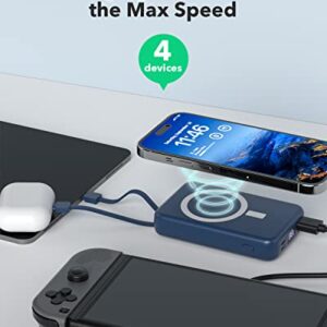 Wireless Portable Charger with Built in Cables,10000mAh Magnetic Power Bank Mini Battery Pack,4 Output 4 Input LED Display USB-C for iPhone 14/13/12/11/X Pro Max/Pro/Mini/Plus Android (Blue)