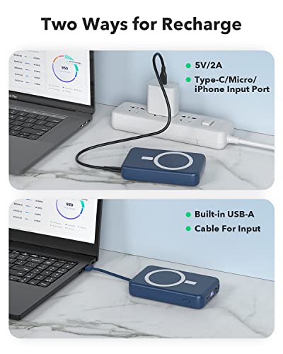 Wireless Portable Charger with Built in Cables,10000mAh Magnetic Power Bank Mini Battery Pack,4 Output 4 Input LED Display USB-C for iPhone 14/13/12/11/X Pro Max/Pro/Mini/Plus Android (Blue)