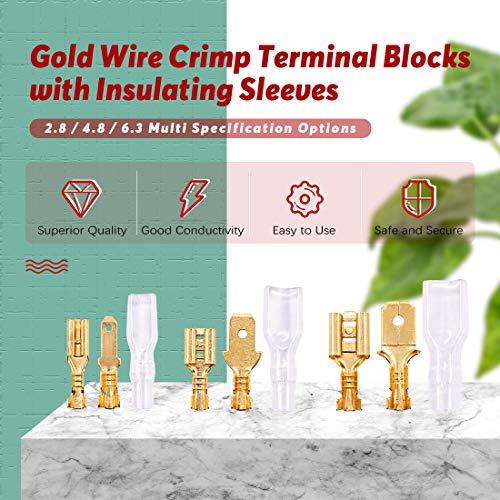 Hilitchi 720Pcs Gold Quick Splice Male and Female Wire Spade Connector Wire Crimp Terminal Block with Insulating Sleeve for Electrical Wiring Car Audio Speaker, 2.8mm 4.8mm 6.3mm Assortment Kit