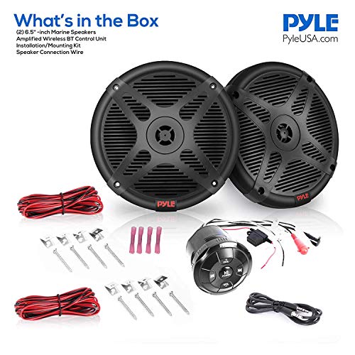 Pyle 6.5'' Dual Marine Speakers Kit - Waterproof-Rated w/Amplified Bluetooth Remote Control Receiver for Powersport Vehicles, IP65 Marine Grade Rating, 600 Watt Max Power PLMRKT8, Black