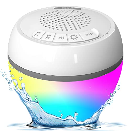 Pyle Floating Pool Speaker w/Lights Show, Waterproof Bluetooth Speaker, IP68, Crystal Clear Sound Quality, Surround Stereo Sound, Wireless 50 ft Range, for Shower, Hot Tub, Beach, Travel (White)