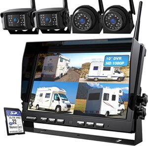 zeroxclub 10” 1080p wireless backup camera system, 10 inch dvr quad split monitor wireless rear side view cameras, ip69 waterproof digital signal record system for rv/truck/trailer/camper-bw104sl