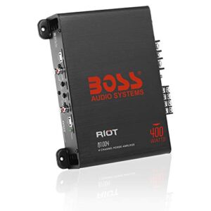 boss audio systems r1004 4 channel car amplifier – riot series, 400 watts, full range, class a/b, 2 ohm stable, ic (integrated circuit) great for car speakers and car stereos