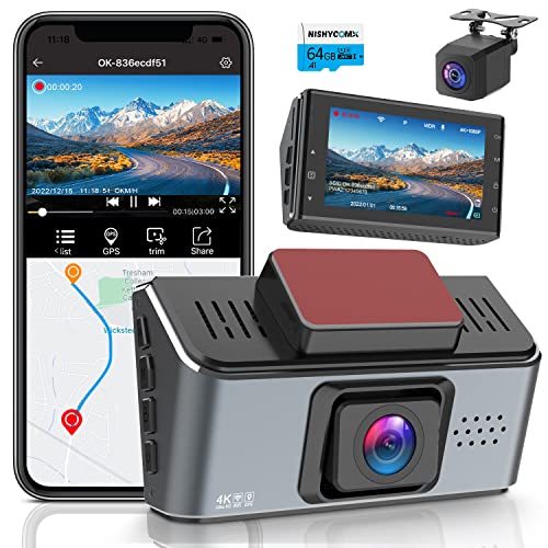 4K WiFi Dash Cam Front and Rear, with GPS, 2160P Ultra HD +1080P AHD Dual Dash Camera for Cars with Super Night Vision, Parking Monitor, 170° Angle, 3" IPS Display, 64G SD Card (Support 512G Max)