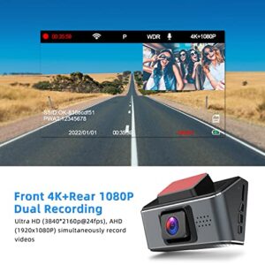 4K WiFi Dash Cam Front and Rear, with GPS, 2160P Ultra HD +1080P AHD Dual Dash Camera for Cars with Super Night Vision, Parking Monitor, 170° Angle, 3" IPS Display, 64G SD Card (Support 512G Max)