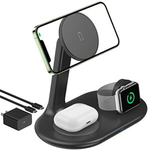 magnetic wireless charging stand with 20w pd adapter, teryth 3 in 1 wireless charging station dock for iphone 14, 13, 12, pro, pro max, mini, apple watch 7/se/6/5/4/3/2, airpods pro/3 (black)