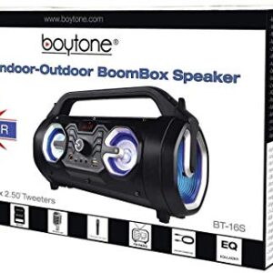 Boytone BT-16S Portable Bluetooth Boombox Speaker, Indoor/Outdoor, 25W, Loud Sound, Deeper Bass, EQ, 5" Subwoofer, 2 x 3 Tweeter, FM, 9H Playtime, USB, Micro SD, AUX, Microphone, Recording, LED Light