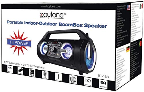 Boytone BT-16S Portable Bluetooth Boombox Speaker, Indoor/Outdoor, 25W, Loud Sound, Deeper Bass, EQ, 5" Subwoofer, 2 x 3 Tweeter, FM, 9H Playtime, USB, Micro SD, AUX, Microphone, Recording, LED Light