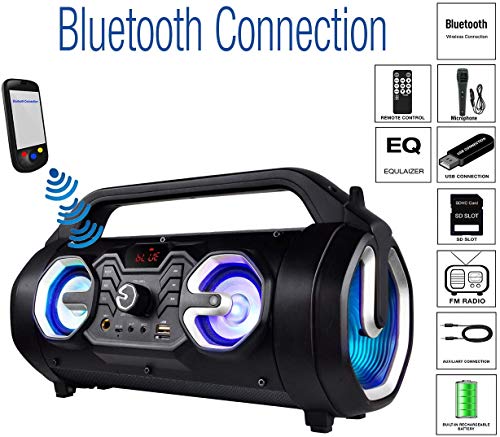 Boytone BT-16S Portable Bluetooth Boombox Speaker, Indoor/Outdoor, 25W, Loud Sound, Deeper Bass, EQ, 5" Subwoofer, 2 x 3 Tweeter, FM, 9H Playtime, USB, Micro SD, AUX, Microphone, Recording, LED Light