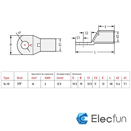 ELECFUN 10pcs 6AWG 3/8" Stud Heavy Duty Cable Lugs with Spy Hole Battery Cable Tinned Copper Ring Terminal Connectors TK16-10