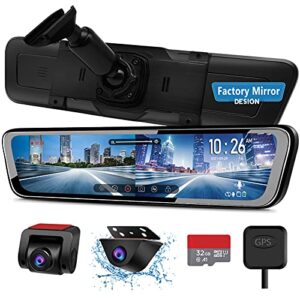 urvolax oem 12″ mirror dash cam voice control,car backup rear view mirror camera with detached front lens,1296p full hd digital rearview dual split screen,night vision,parking assist,gps