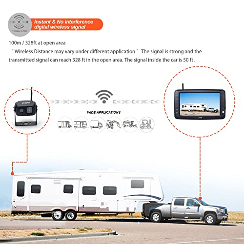 Wireless Backup Camera System with 7 inch Splitscreen, Waterproof Wireless Rear View Camera with Night Vision, Support add 2nd Wireless Reversing Camera for Trailer, RV, Trucks, Horse-Trailer, etc