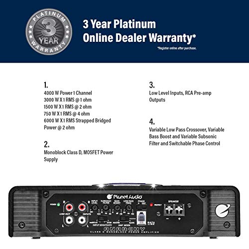 Planet Audio AC4000.1D Anarchy Series Car Audio Amplifier - 4000 High Output, Class D, Monoblock, 1 Ohm Stable, Low Level Inputs, Low Pass Crossover, Hook Up To Stereo and Subwoofer