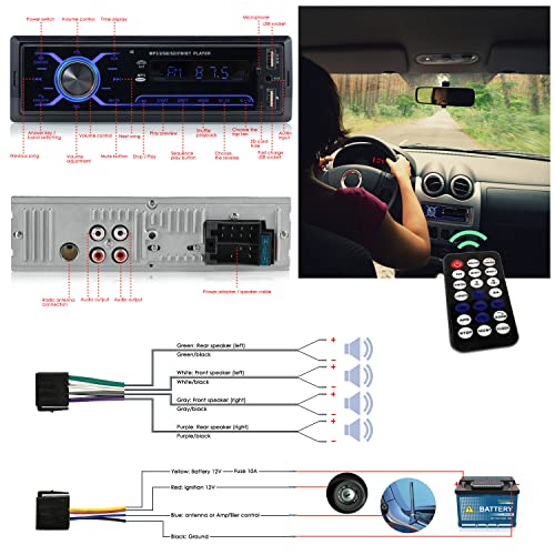 RuiFuDio Single Din Bluetooth Car Stereo FM, Radio Receiver with USB/AUX-in/SD Card Port /USB Support for Playing Music, Hands Free Calling MP3 Player with Wireless Remote Control,7 Lighting Colors