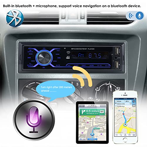 RuiFuDio Single Din Bluetooth Car Stereo FM, Radio Receiver with USB/AUX-in/SD Card Port /USB Support for Playing Music, Hands Free Calling MP3 Player with Wireless Remote Control,7 Lighting Colors