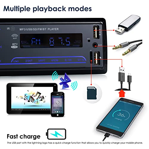 RuiFuDio Single Din Bluetooth Car Stereo FM, Radio Receiver with USB/AUX-in/SD Card Port /USB Support for Playing Music, Hands Free Calling MP3 Player with Wireless Remote Control,7 Lighting Colors