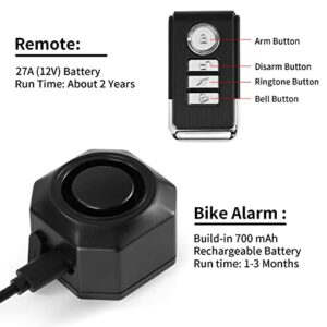 Rupse Rechargeable Bike Alarm with Remote, Motorcycle Alarm System with Motion Sensor, Waterproof 110dB Loud Anti-Theft Alarm Wireless Alarm System Outdoor for Motorcycle Bike E-Bike Scooter Vehicle