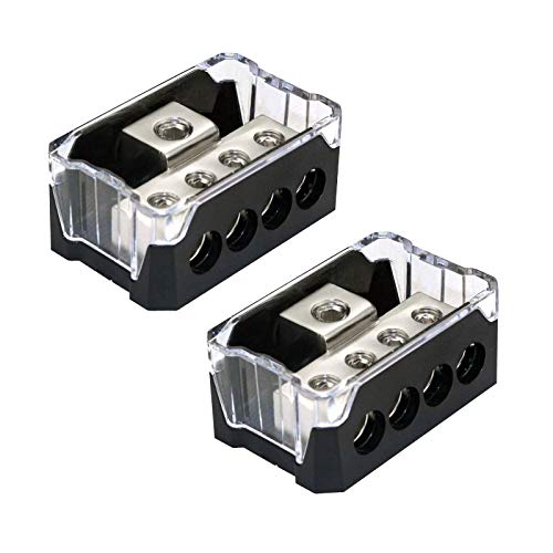 RKURCK 4 Way Power Distribution Block, 0/2/4 AWG Gauge in, 4/8/10 Gauge Out, Car Audio Stereo Amp Distribution Connecting Block for Audio Splitter (1 in 4 Out) 2 Pack