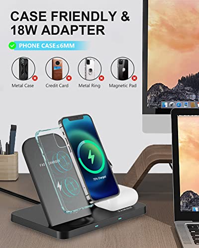 Wireless Charging Station, 3 in 1 Wireless Charger, 18W Fast Charger Stand for iPhone 13/12/11/Pro/Max/XR/XS/X, Apple Watch 7/6/SE/5/4/3/2/1, AirPods Pro/3/2, Adapter and Cable Included