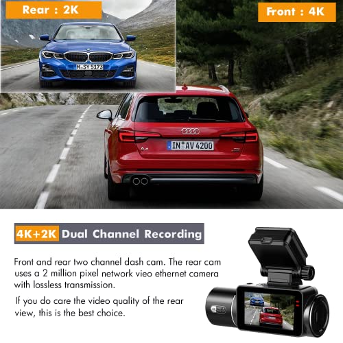 4K Dual Dash Cam Front and Rear 4K+2K, GPS, Dash Camera for Cars with 2.2 Inches IPS Screen, Car Camera Driving Recorder with Night Vision, 170° Wide Angle, Parking Mode, SD Card Included