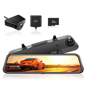 wolfbox g840h 2.5k mirror dash cam,12” mirror dash cam front and rear,1080p rear view mirror camera,dual dash camera for cars with 32gb tf card & gps,super night vision,parking monitoring