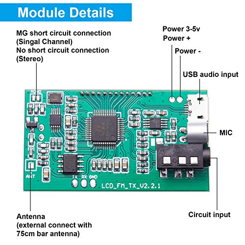 2 Pieces Digital FM Transmitter Module Stereo FM Transmitter DSP PLL 76.0-108.0MHz Stereo Frequency Modulation with LCD Display Line/USB/Mic Input, DC 3.0V - 5.0V