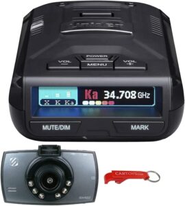 uniden r3 extreme long range laser/radar detector and scosche 1080p dash cam bundle. radar w/built-in gps, mute memory, voice alerts, red light and speed camera alerts, oled display, k/ka band