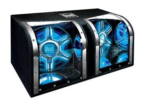 dual electronics bp1204 high performance 12 inch car audio subwoofer in a tuned bandpass enclosure with blue illuminite led illumination and plexiglass viewing windows and 1,100 watts of peak power