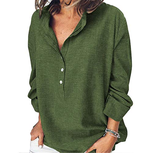 Andongnywell Women's Long Sleeve V-Neck Oversized Lightweight Button Casual Shirt t Shirts (Dark Green,Small,Small)