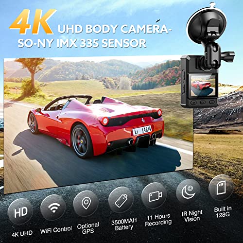 Losfom 4K Dash Cam, Body Camera Built-in 128G & 3500mAh Battery with 11 Hours Recording, Wi-Fi Waterproof Camera with GPS