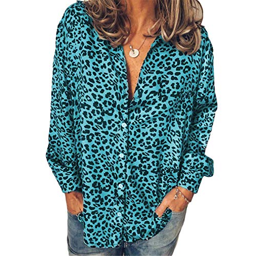 Andongnywell Womens Casual Tops V Neck Tunic Long Sleeve Button Leopard Shirts Blouses Tops Tunics t Shirts (Blue,5,XX-Large)