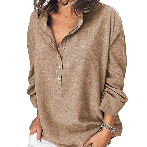 Andongnywell Womens Tunic Blouse Tops Loose V Neck Solid Color Shirts Long Sleeve Shirt (Khaki,XX-Large,XX-Large)