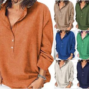 Andongnywell Womens Tunic Blouse Tops Loose V Neck Solid Color Shirts Long Sleeve Shirt (Khaki,XX-Large,XX-Large)