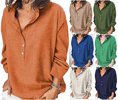 Andongnywell Womens Tunic Blouse Tops Loose V Neck Solid Color Shirts Long Sleeve Shirt (Khaki,XX-Large,XX-Large)