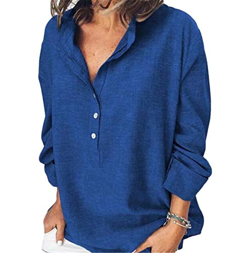 Andongnywell Women's Solid Color Long Sleeve Casual V Neck Tops Shirt Button Blouse Long Sleeve Shirt (Light Blue,Large,Large)