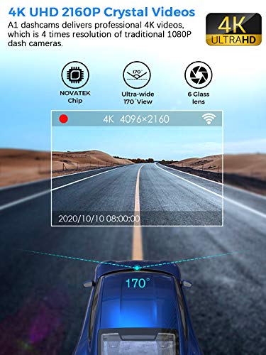 Dash Cam 4K WiFi Ultra HD 2160P Dash Camera for Cars, Car Camera, Dashcams for Cars with Night Vision, 24 Hours Parking Mode, Loop Recording, G-Sensor, APP, Support 256GB Max