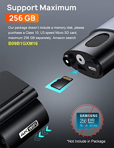 Dash Cam 4K WiFi 2160P Dash Camera for Cars, Car Camera Dash Cam Front Recorder, Dashcam for Cars with App, 24 Hours Parking Mode, G-Sensor, Night Vision, Loop Recording, Support 256GB Max