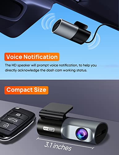 Dash Cam 4K WiFi 2160P Dash Camera for Cars, Car Camera Dash Cam Front Recorder, Dashcam for Cars with App, 24 Hours Parking Mode, G-Sensor, Night Vision, Loop Recording, Support 256GB Max