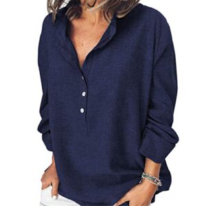 andongnywell women’s casual long sleeve shirts front v neck button shirts tops long sleeve shirt (navy blue,small,small)