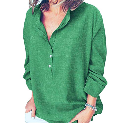 Andongnywell Women's V-Neck Button Long Sleeves Solid Casual Shirt Long Sleeve Chiffon Shirt (Light Green,Small,Small)