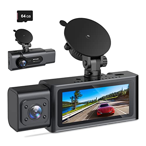 SPADE Dash Cam Front and Inside,1080P Dual Dash Camera for Cars with 64GB SD Card, IR Night Vision, 3.16” IPS Screen, WDR G-Sensor, 310°Wide Angle 24H Parking Monitor Loop Recording Motion Detection