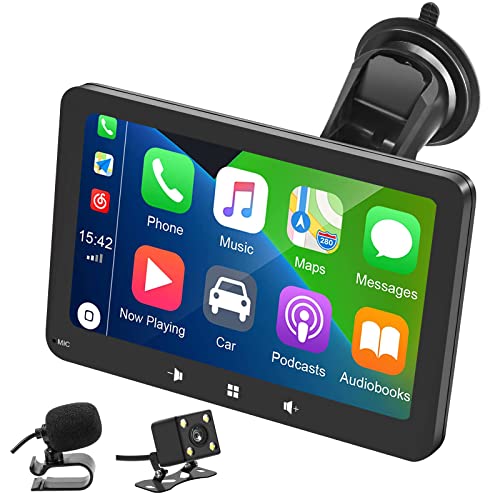 Portable Car Stereo with Wireless Apple Carplay and Android Auto, 7 Inch IPS Touchscreen Car Stereo with Backup Camera, Wireless Air Play, Bluetooth Handsfree, Mirror Link/Mic/TF/USB/AUX/Fast Charging