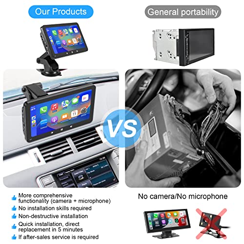 Portable Car Stereo with Wireless Apple Carplay and Android Auto, 7 Inch IPS Touchscreen Car Stereo with Backup Camera, Wireless Air Play, Bluetooth Handsfree, Mirror Link/Mic/TF/USB/AUX/Fast Charging